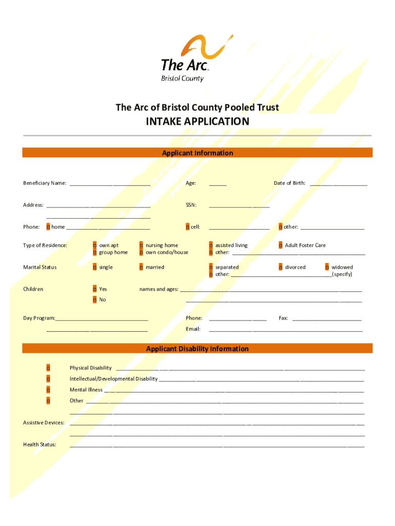 Fillable Online The Arc of Bristol County Pooled Trust - INTAKE ...