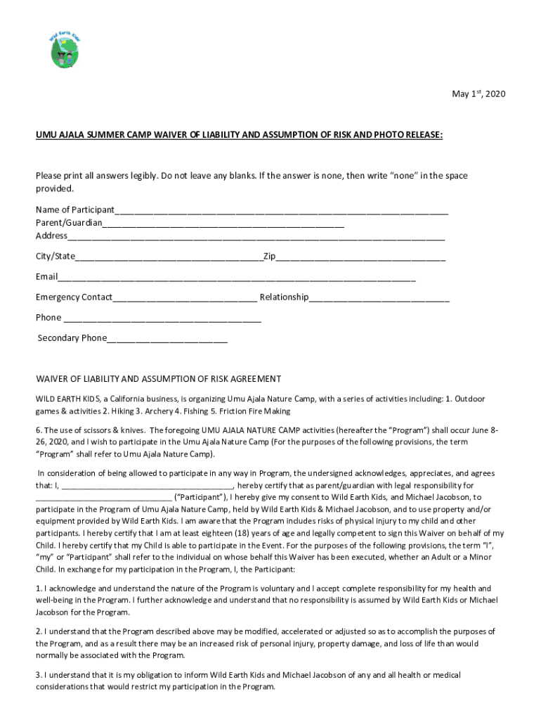 Fillable Online May 1st, 2020 UMU AJALA SUMMER CAMP WAIVER OF LIABILITY ...