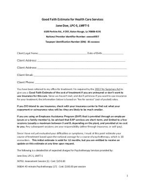 Fillable Online Good Faith Estimate for Health Care Services Jane Doe ...