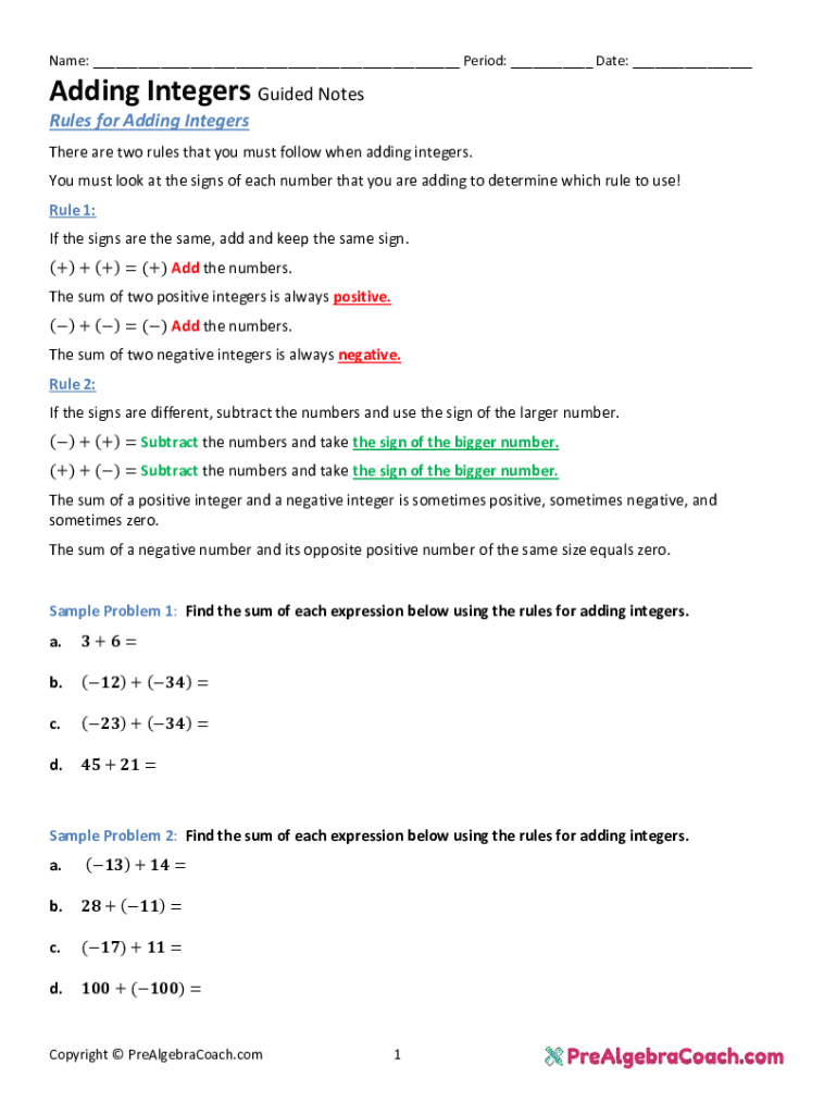 Fillable Online Adding Integers Guided Notes - PreAlgebraCoach.com Fax ...