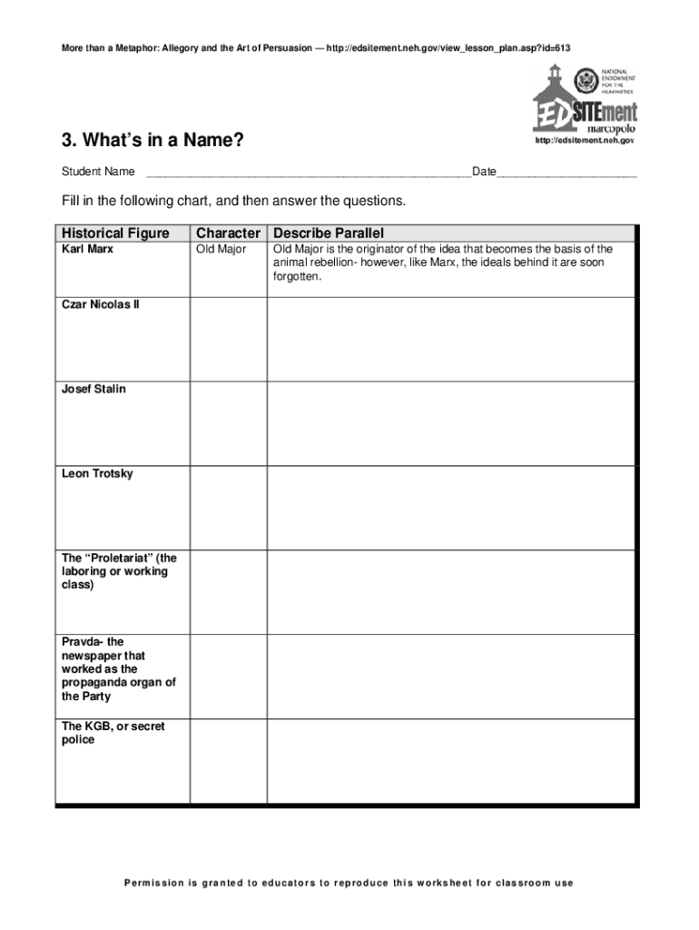 Fillable Online Allegory Worksheet Pdf - Fill Online, Printable ...