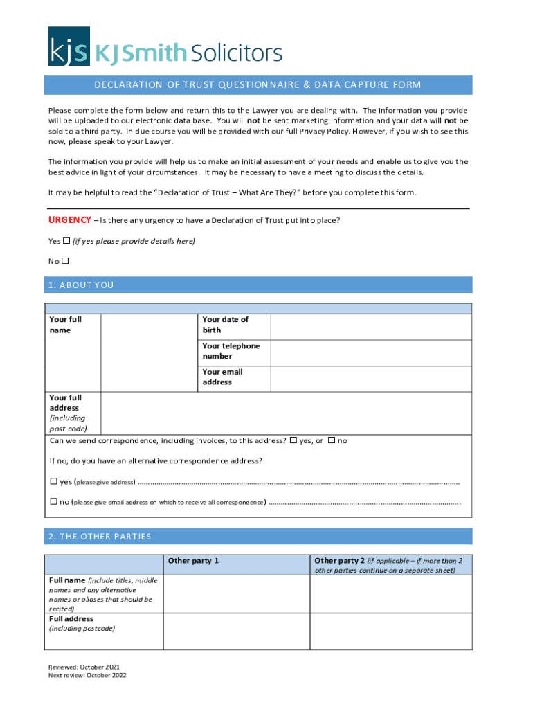 Fillable Online declaration-of-trust-questionnaire-data-capture-form ...