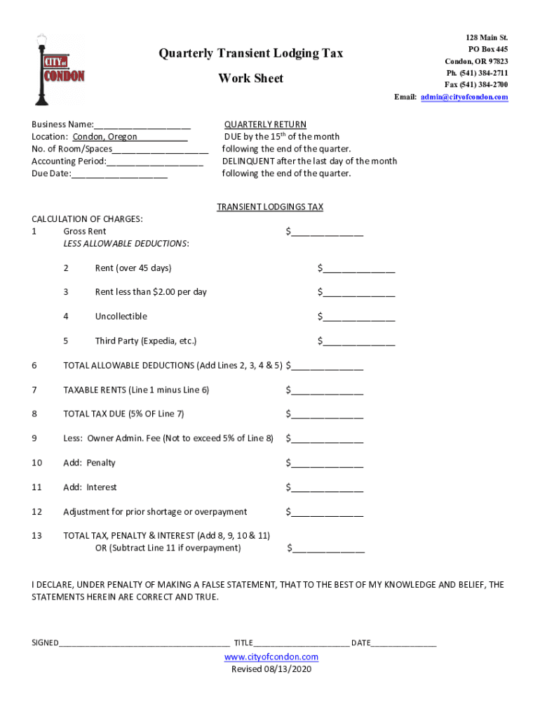 Fillable Online Quarterly Transient Lodging Tax Work Sheet City of Condon Fax Email Print ...