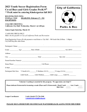 Fillable Online 2023 Youth Soccer Registration Form Co-ed Boys and ...