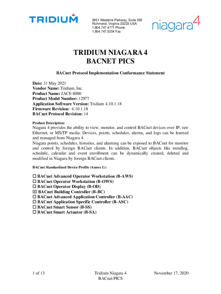 Fillable Online Tridium NiagaraAX-3.2 BACnet PICS Fax Email Print - pdfFiller