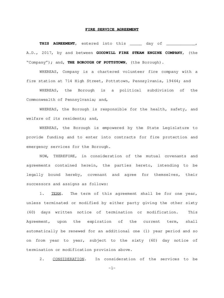 Fillable Online -1- FIRE SERVICE AGREEMENT THIS AGREEMENT, entered into ...