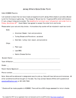 Fillable Online Jersey Mike's Subs Order Form Fax Email Print - pdfFiller