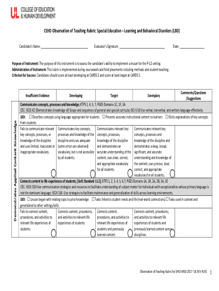 Fillable Online 1 SC Teaching Standards 4.0 Rubric and Evidence Form ...