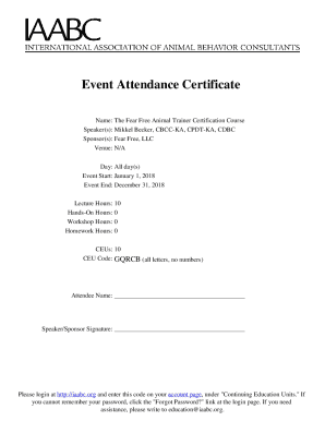 Fillable Online IAABC Event Attendance Certificate - Fear Free Pets Fax ...