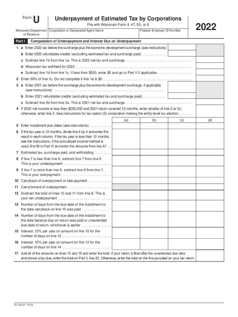 Fillable Online 2022 DC-033 Form U Underpayment of Estimated Tax by ...