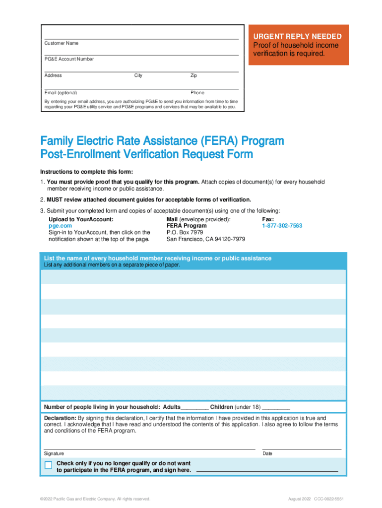 Fillable Online Family Electric Rate Assistance (FERA) Program Post-Enrollment Verification ...