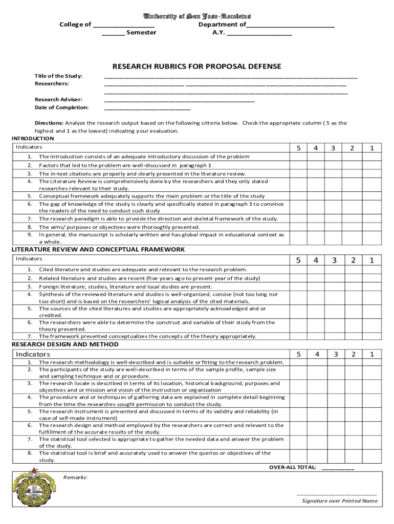 Fillable Online Form 5b Research Rubrics Final Oral ...