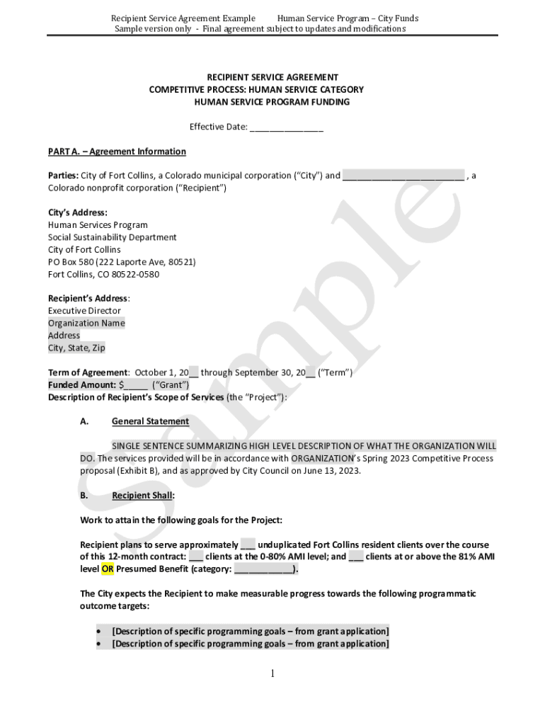 Fillable Online RECIPIENT SERVICE AGREEMENT - City of Fort Collins Fax Email Print - pdfFiller