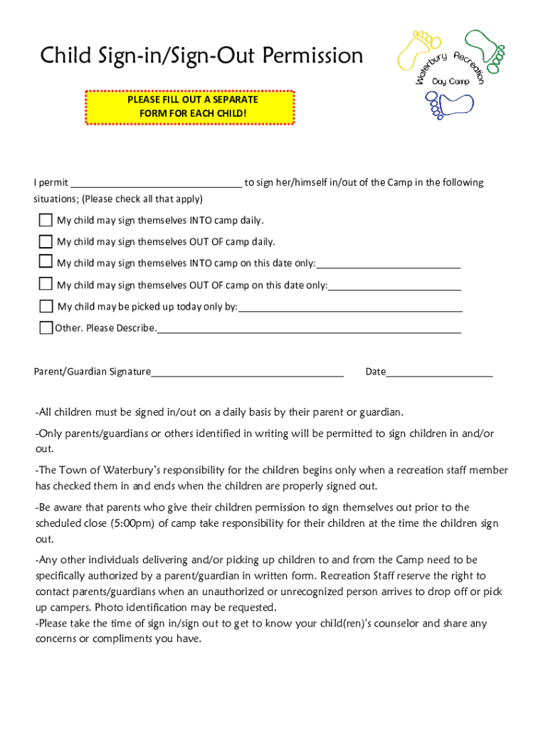Fillable Online Child Sign-in/Sign-Out Permission - Waterbury, VT ...