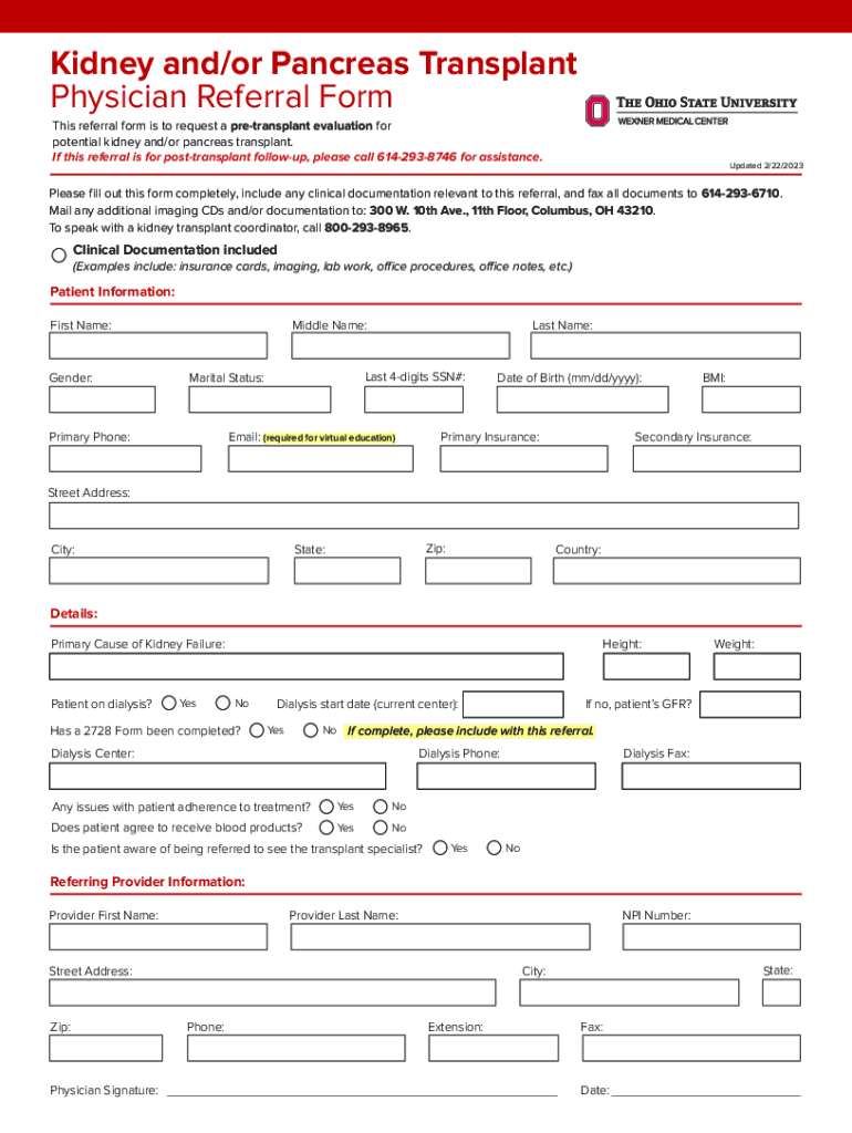 Fillable Online Kidney and/or Pancreas Transplant - Physician Referral ...