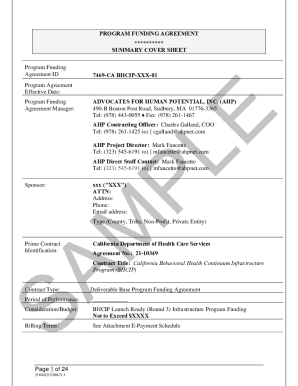 Fillable Online Program Funding Agreement - Summary Cover Sheet ...