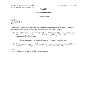 Fillable Online Form 22A Notice of Objection (Title as in action) Case ...