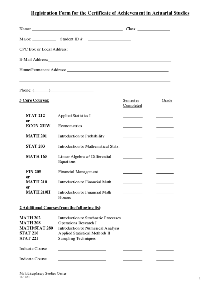 Fillable Online Registration Form for the Certificate of Achievement in ...
