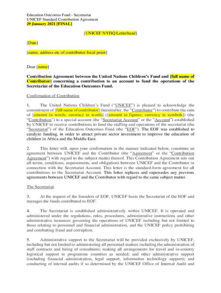 Fillable Online Secretariat UNICEF Standard Contribution Agreement Fax ...
