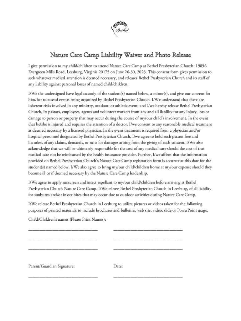 Fillable Online Release and Waiver of Liability Forms - Nature Camp Fax ...