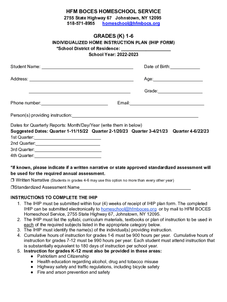 Fillable Online HFM BOCES HOMESCHOOL SERVICE GRADES (K) 1-6 Fax Email ...