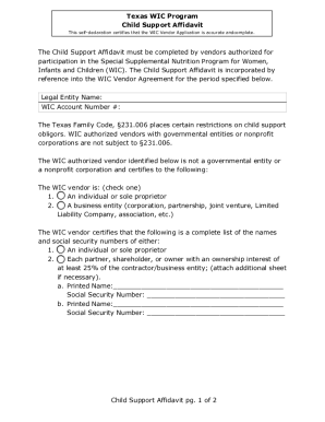 Fillable Online Texas WIC Program Child Support Affidavit. Texas WIC ...