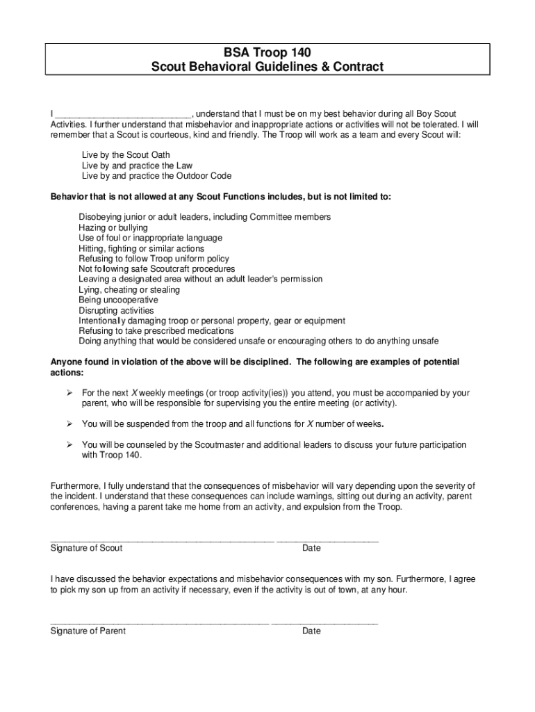 Fillable Online BSA Troop 140 Scout Behavioral Guidelines & Contract ...