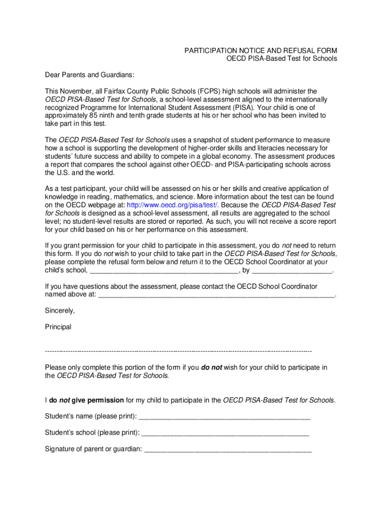 Fillable Online OECD PISA-Based Test for Schools Parent Notice and ...