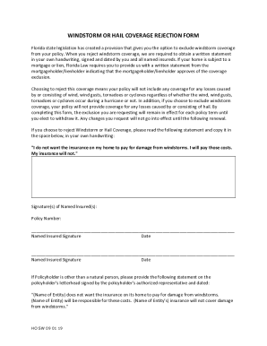 Fillable Online HO SW 09 01 19Windstorm or Hail Coverage Rejection Form ...