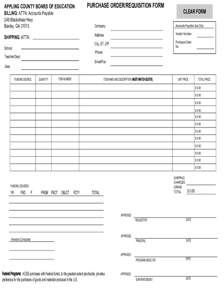 Fillable Online purchase order/requisition form - Appling County School ...