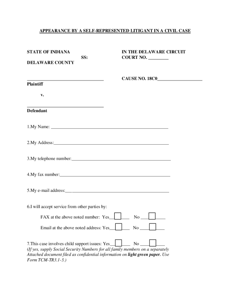Fillable Online APPEARANCE BY A SELF-REPRESENTED LITIGANT IN A CIVIL ...