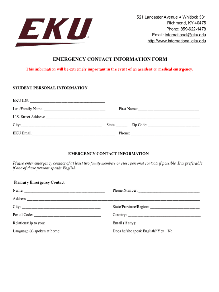 Fillable Online international eku EMERGENCY CONTACT INFORMATION FORM ...