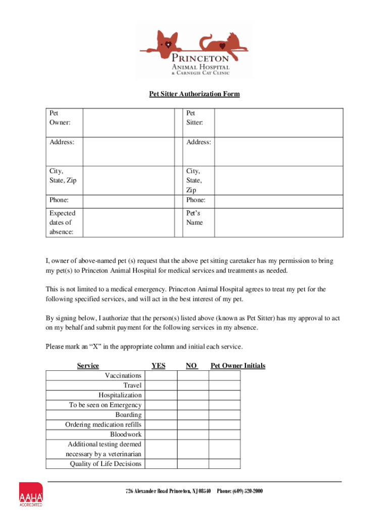 Fillable Online Pet Sitter Authorization Form Pet Owner: Pet Sitter ...