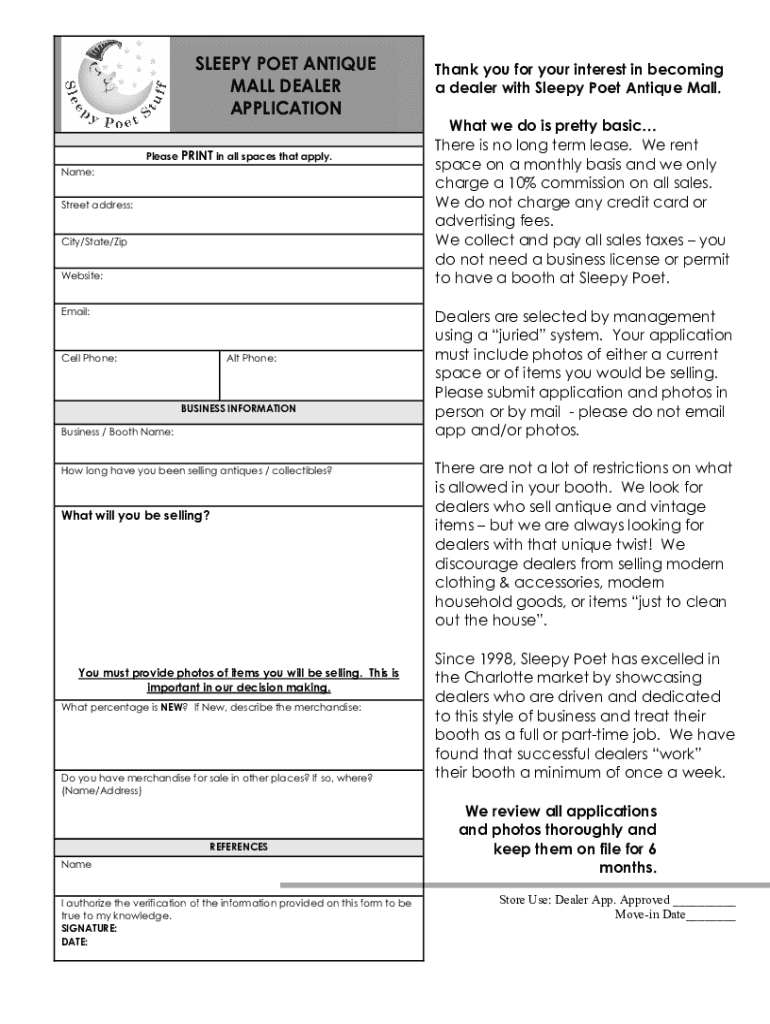 Fillable Online SLEEPY POET ANTIQUE MALL DEALER APPLICATION Fax Email ...