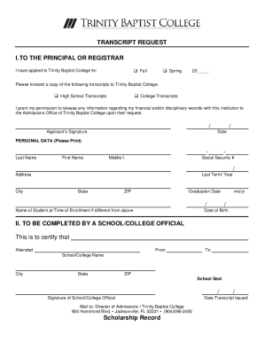 Fillable Online transcript request - Jacksonville - Trinity Baptist ...