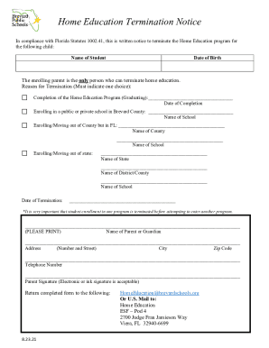 Fillable Online Notification of Termination of Home Education Program ...