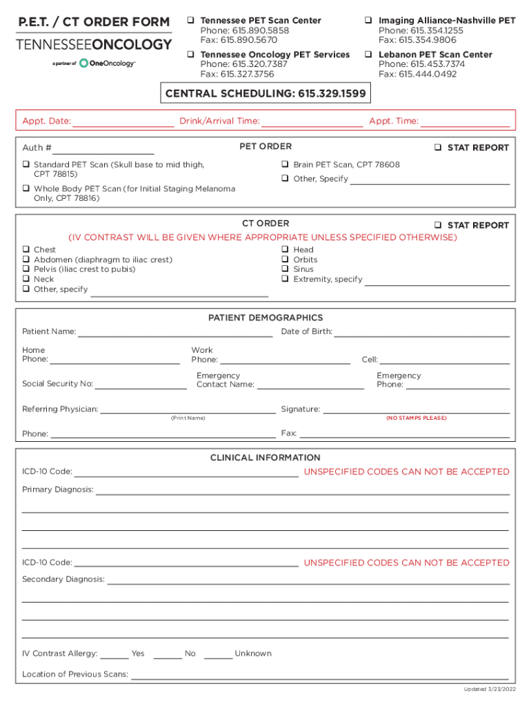 Fillable Online P.E.T. / CT ORDER FORM - Tennessee Oncology Fax Email ...