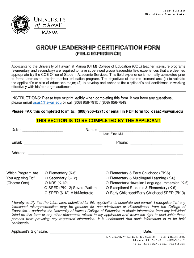 Fillable Online coe hawaii GROUP LEADERSHIP CERTIFICATION FORM Fax ...