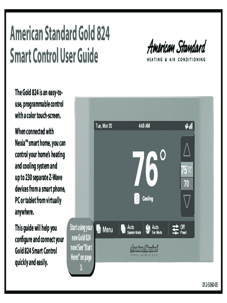 Fillable Online American Standard Gold 824 Smart Control User Guide Fax ...