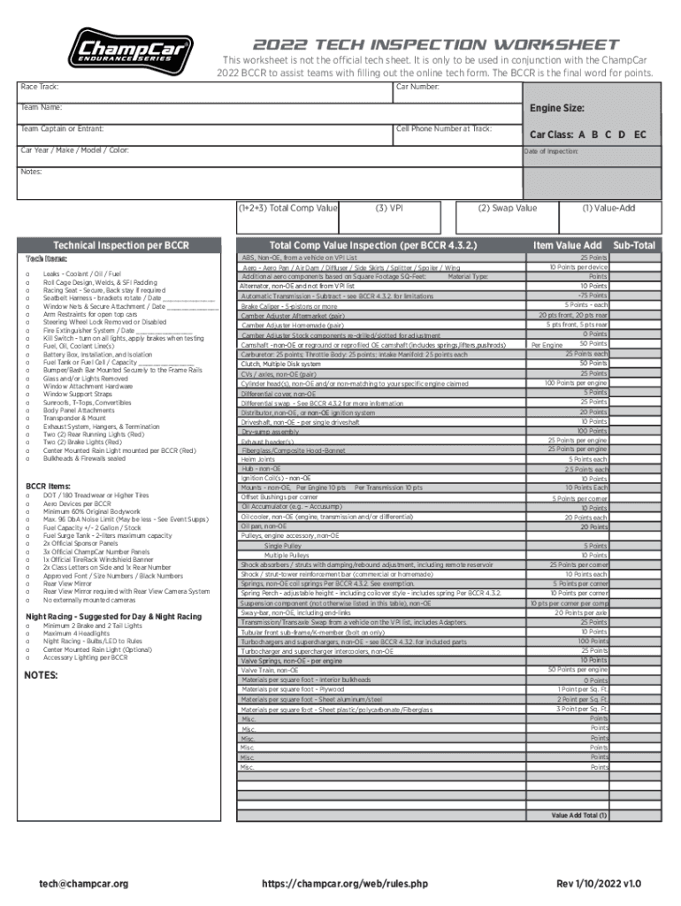 Fillable Online 2022 TECH INSPECTION WORKSHEET Fax Email Print - pdfFiller
