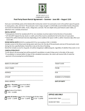 Fillable Online Pool Party Room Rental Agreement Summer - June 6th ...