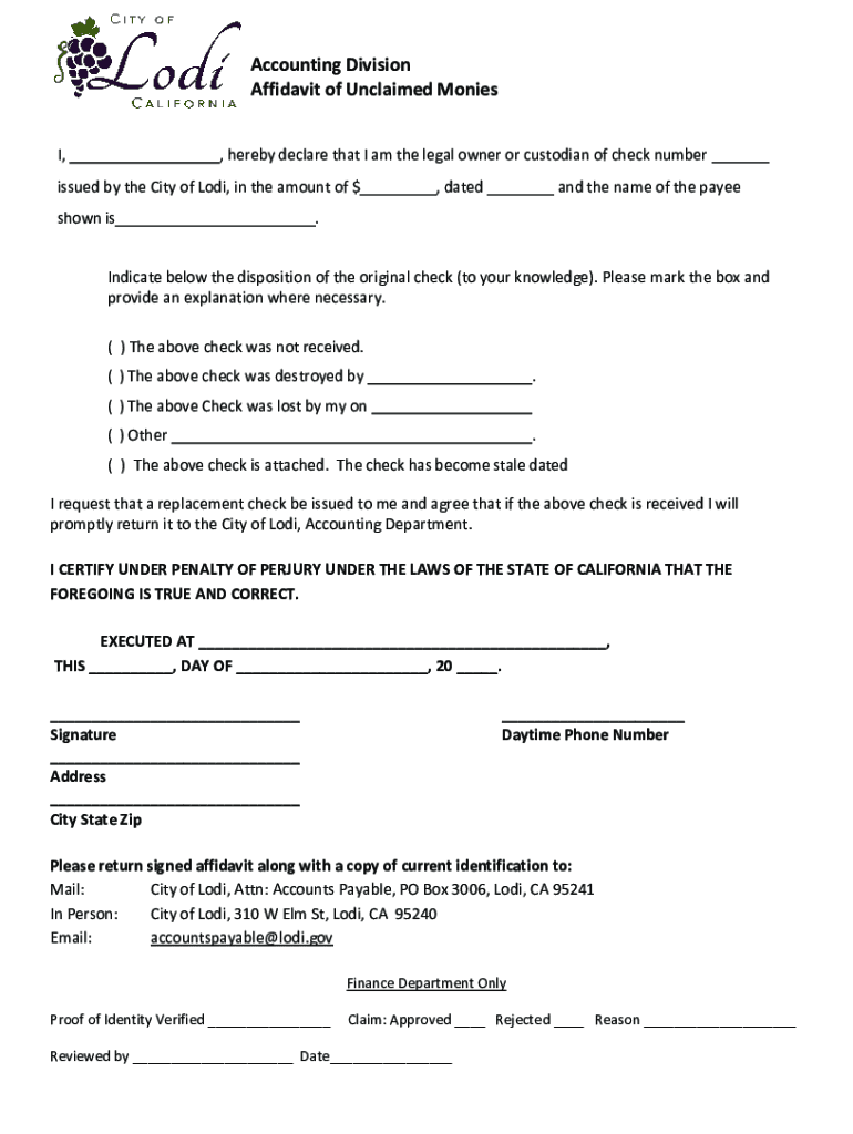 Fillable Online Accounting Division Affidavit of Unclaimed Monies - Lodi.gov Fax Email Print ...