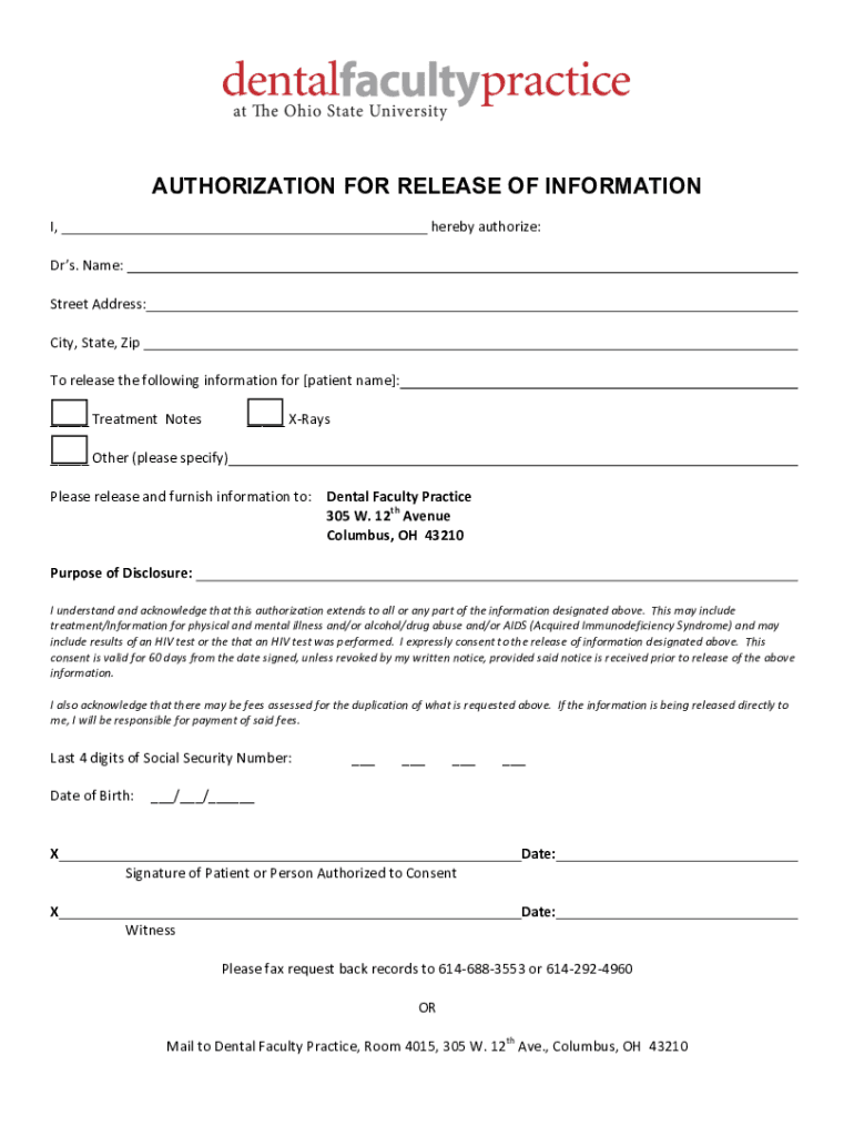 Fillable Online smileexperts osu Authorization to Provide and Release Information (PDF) Fax ...