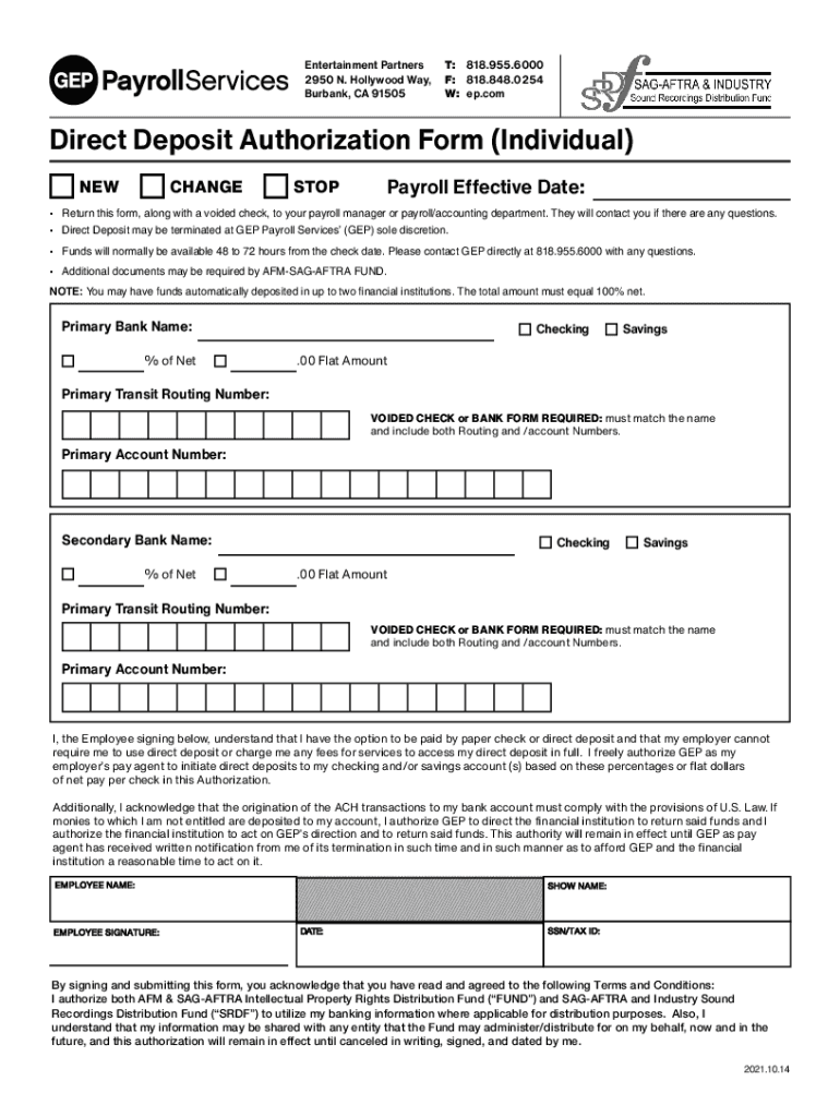 Fillable Online GEP-SAG Direct Deposit Authorization Form (Individual ...