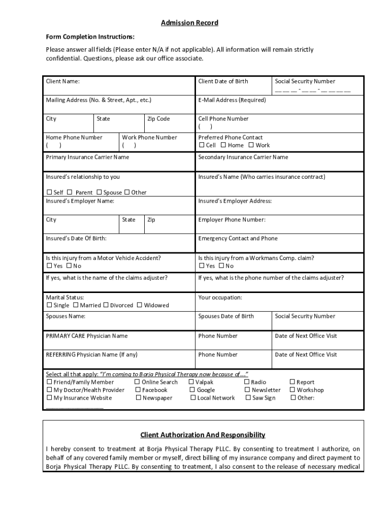 Fillable Online Admission Record Client Authorization And ...