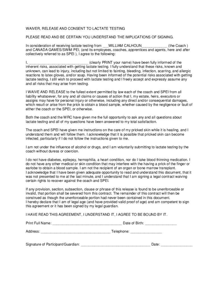 Fillable Online waiver, release and consent to lactate testing ...