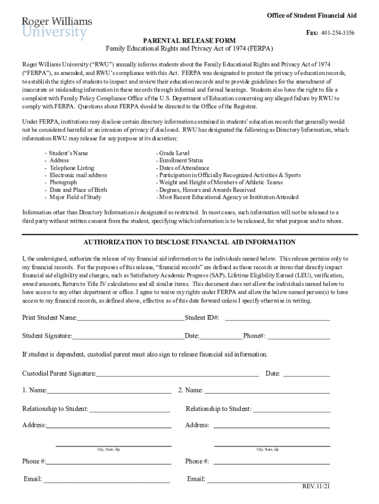 Fillable Online Office of Student Financial Aid PARENTAL RELEASE FORM ...