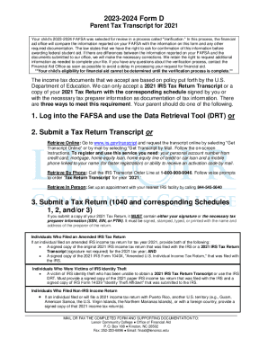Fillable Online 2023-2024 Form D - Parent Tax Transcript for 2021 Fax ...
