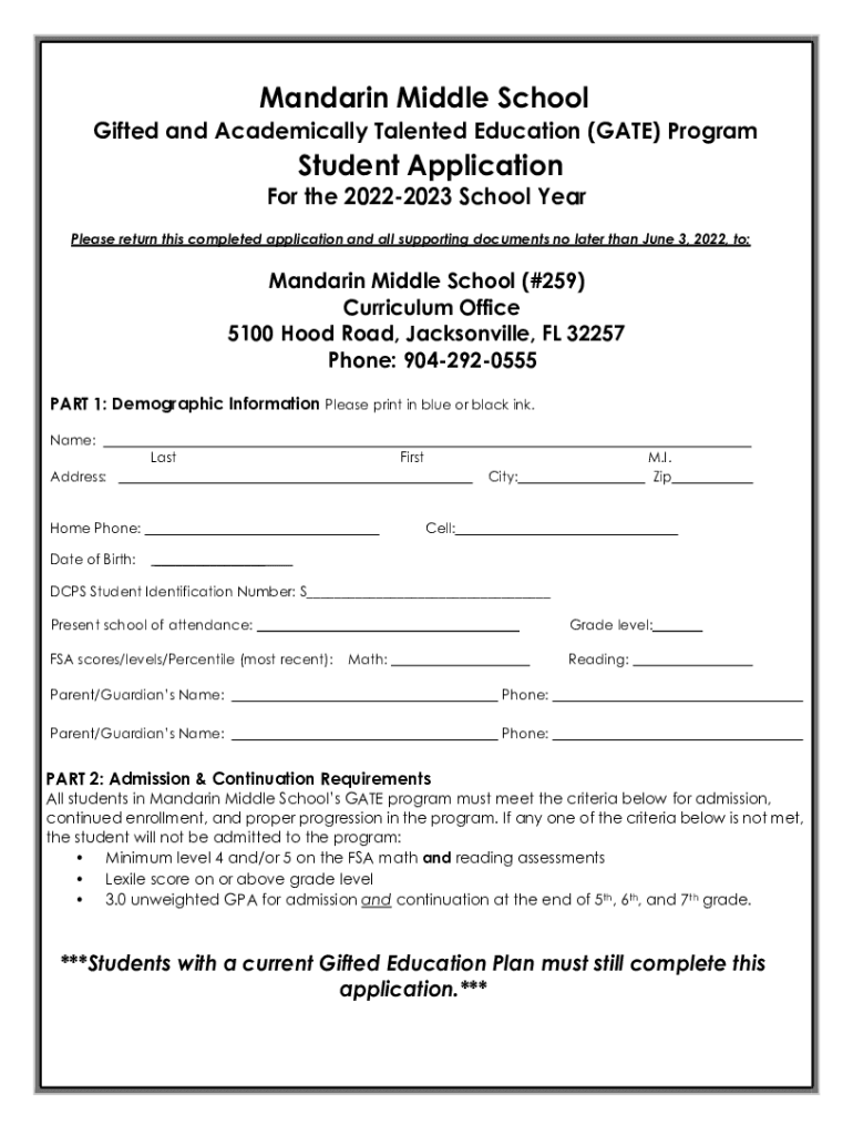 Fillable Online Mandarin Middle School Student Application Fax Email ...