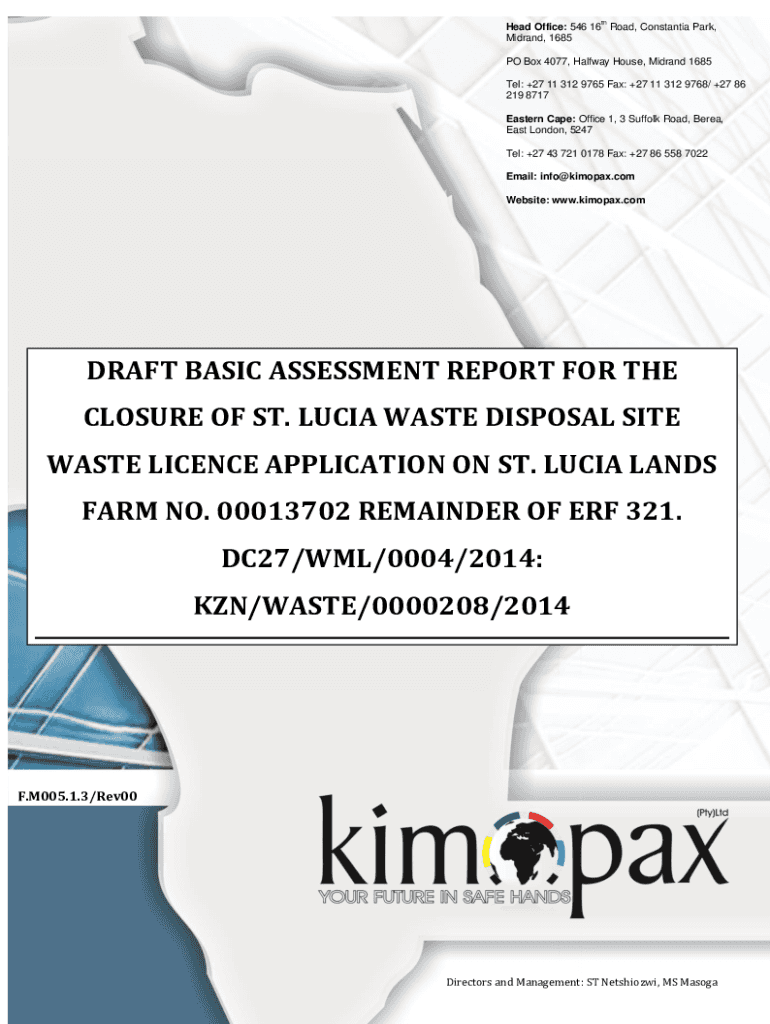 Fillable Online DRAFT BASIC ASSESSMENT REPORT FOR THE CLOSURE OF ST ...